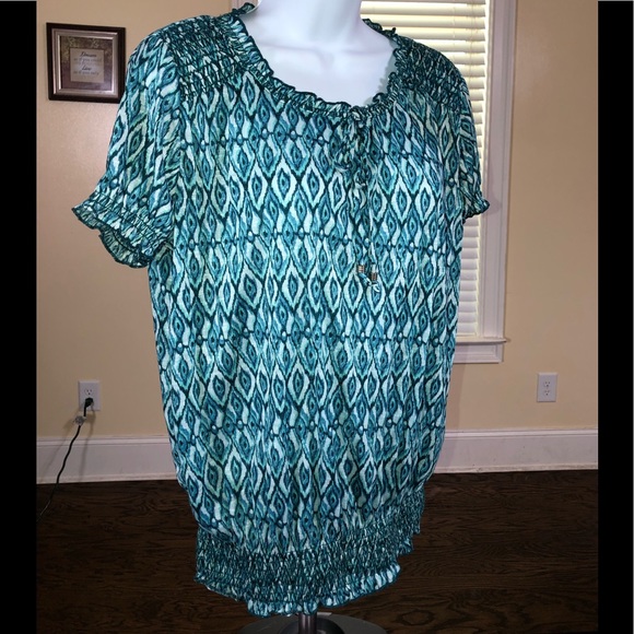 Tops | New Teal Gem Turquoise White Printed Womens Top | Poshmark